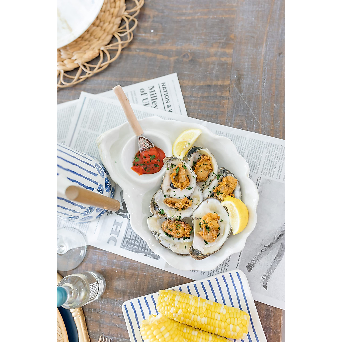 Mud Pie Oyster Chip and Dip Set, White, server 8 1/2" x 12" | spoon 5"