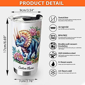 Triceratops Gifts, Personalized Tumbler with Triceratops Dinosaur Animal’s Name – Custom Cup for DinoSaur Lovers, Gift for Women, Men, Gift for Birthdays & Christmas, 20oz Steel Coffee Cup PfrxGT
