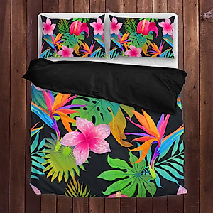 gearider Hawaiian Plant Pattern Black Bedding Set of 3, Ultra Soft Tropical Plumeria Floral Leaves Duvet Cover Set with Zipper Closure - Size Queen