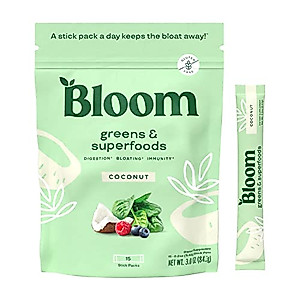 Bloom Nutrition Super Greens Powder Smoothie Mix, 15 Stick Packs - Probiotics for Digestive Health & Bloating Relief for Women, Digestive Enzymes with Organic Superfoods for Gut Health (Coconut)