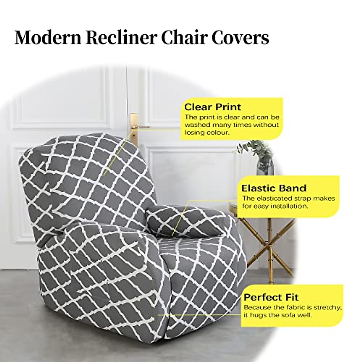 FIGOOO Recliner Sofa Slipcover 4-Piece Stretch Recliner Chair Covers Non Slip Spandex Pattern Recliner Cover with Pockets Reclining Couch Covers Furniture Protector for Dogs Cats(Gray Plaid,1 Seater)