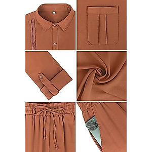 HANXMEN Men 2 Piece Linen Set Long Sleeve Button Down Cuban Shirt Casual Loose Pants Beach Vacation Outfits With Pocket,Brown,L