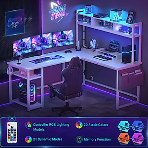 Aheaplus L Shaped Desk with Power Outlet & LED Strip, Reversible L-Shaped Corner Computer Desks Gaming Desk with Storage Shelf & Monitor Stand, Modern 2 Person Home Office Desk, Writing Desk, White