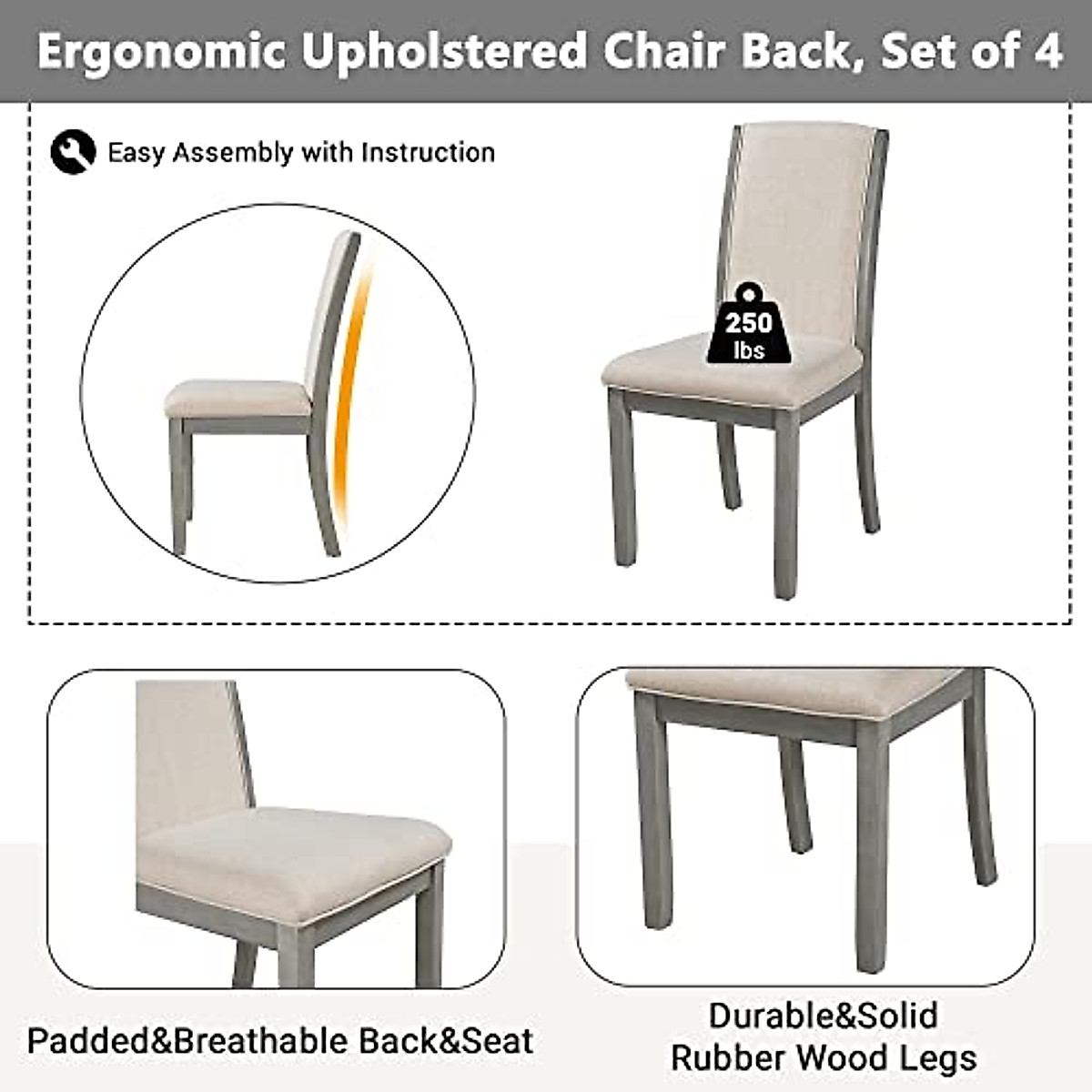 LUMISOL Upholstered Dining Chairs Set of 4, High Back Padded Dining Chairs with Solid Wood Legs, Modern Linen Fabric Kitchen Chairs (Gray + Beige)