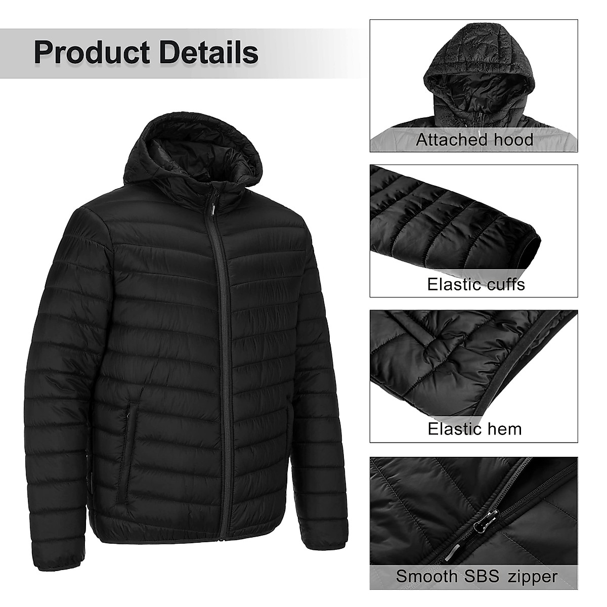 Outdoor Ventures Men's Lightweight Packable Hooded Puffer Jacket Insulated Winter Coat for Snow Ski Traveling