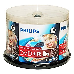 Philips White Inkjet Printable 16X DVD+R Media 50 Pack in Cake Box (DR4I6B50F/17)