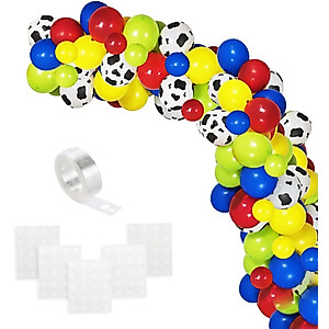 Toy Inspired Story Party Balloons Arch, 120pcs Cow Pattern Printed White Balloons Green Red Blue Yellow Latex Balloons with Balloon Strip for Baby Shower, Kids Birthday Party Backdrop Decorations