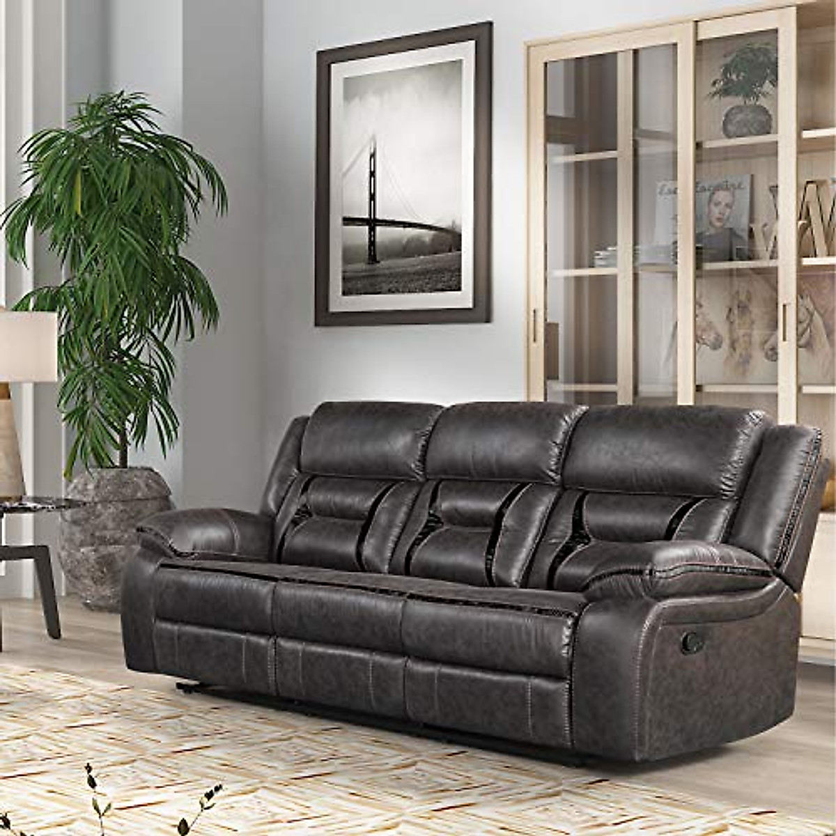 Roundhill Furniture Elkton Manual Motion Recliner with Storage Console, Sofa, Dark Chesnut