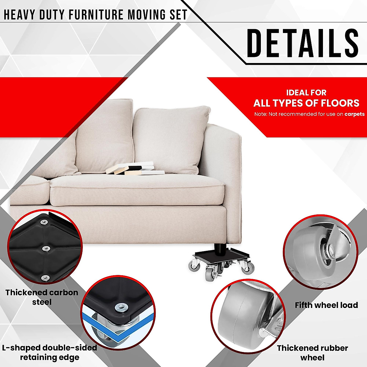 Heavy Duty Furniture Lifter, 4 Sets of Sliders with 4 Wheels Each for Easy Moving, Load Capacity up to 3500lbs, Appliance Moving Cart with Height Adjustable