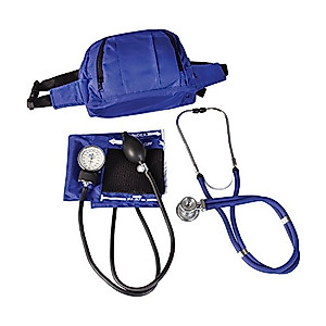MABIS MatchMates Aneroid Sphygmomanometer Manual Blood Pressure Monitor Fanny Pack Kit with Calibrated Adult Nylon Arm Cuff and Sprague Rappaport Stethoscope, Professional Quality, Royal Blue