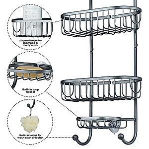 GOODBUY Shower Caddy Over Shower Head, Aluminum Shower Organizer Hanging, Rustproof Shower Rack Shower Shelf Shower Holder for Shampoo and Soap with 2 Wash Cloth Hooks, Gray, 11.8" x 4.7" x 25"
