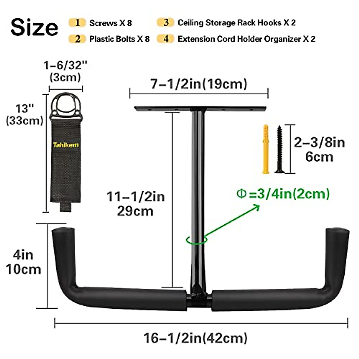 Tahikem 2 Set Overhead Garage Storage Rack, Heavy Duty Overhead Storage Double Hook, Ceiling Hanger Safe Racks, Hanging for Lumber Ladder Storage & Other Bulky Items (Pack of 2 - Black)