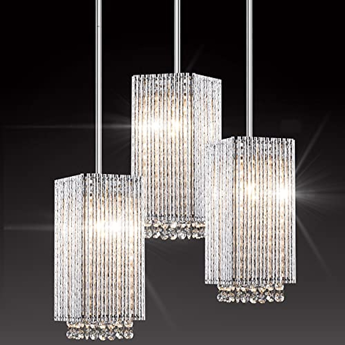 MO&OK 3 Pack Crystal Chandelier Modern Pendent Lights Adjustable Hanging Lighting with Metal Lampshade Rectangle Chandeliers for Kitchen Island Dinningroom,Entrance Living Room H9.8 xD5.2 Chrome