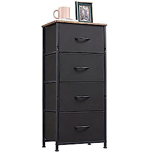 Somdot Tall Dresser for Bedroom with 4 Drawers, Storage Chest of Drawers with Removable Fabric Bins for Closet Bedside Nursery Laundry Living Room Entryway Hallway, Black/Rustic Brown