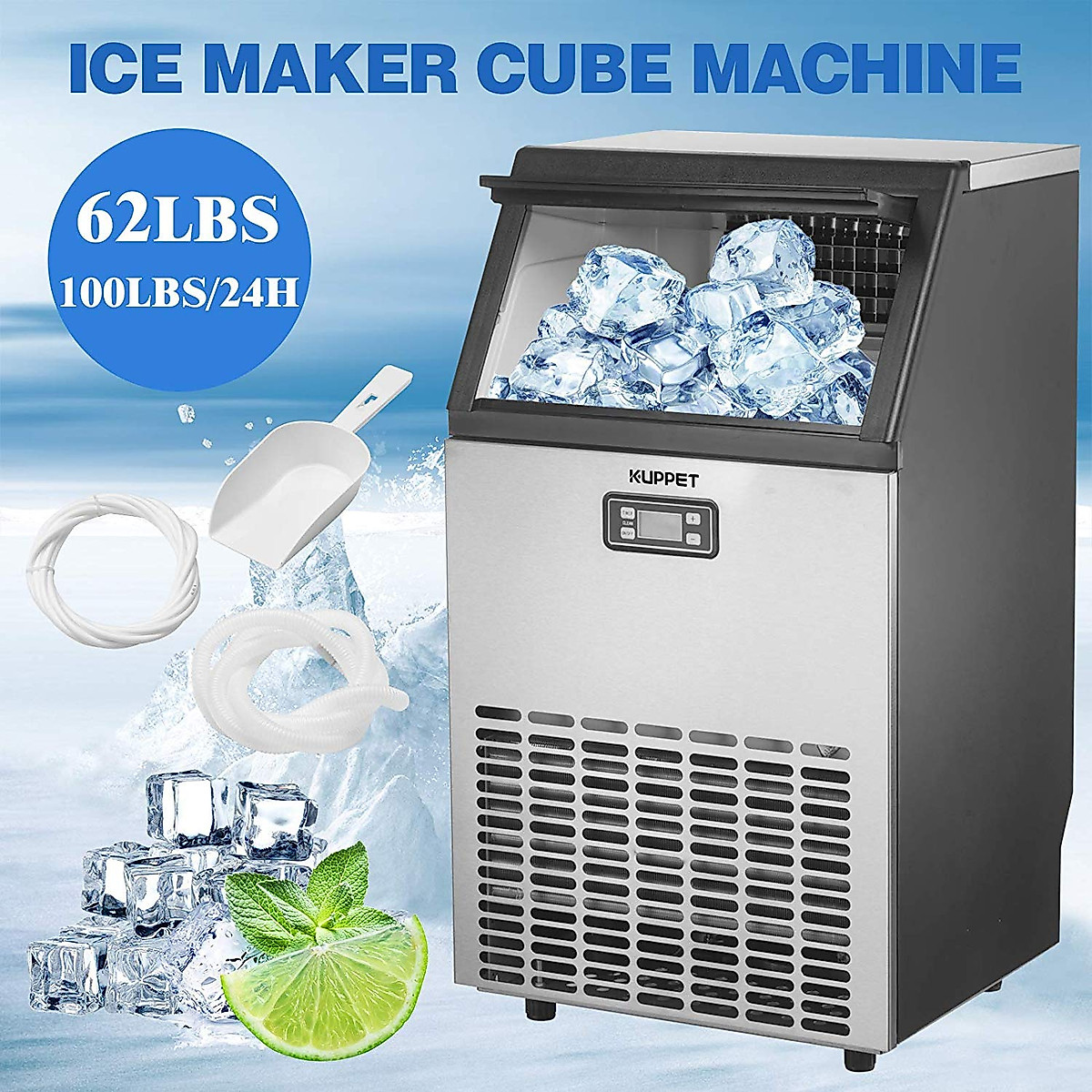 KUPPET Stainless Steel Commercial Ice Maker-Under Counter/Freestanding Automatic Ice Machine for Restaurant Bar Cafe, Products 100lbs Daily-w/Scoop, Ice Basket, Timer & Auto Clean