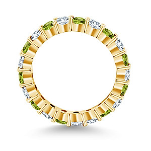 Gem Stone King 1.20 Ct Round Green Peridot and White Created Sapphire 18K Yellow Gold Plated Silver Eternity Band Ring (Size 5)