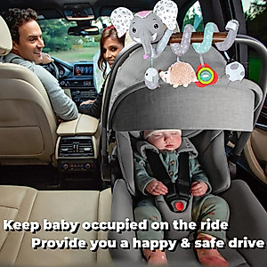 Baby Car Seat Toys, Hanging Stroller Toys for Baby 0-6 Months Infants Activity Spiral Toys with Musical Owl Rattles Hedgehog Beep Ladybug Squeaker - Gray Elephant Toys for Newborn Baby 0 3 6 12 Months