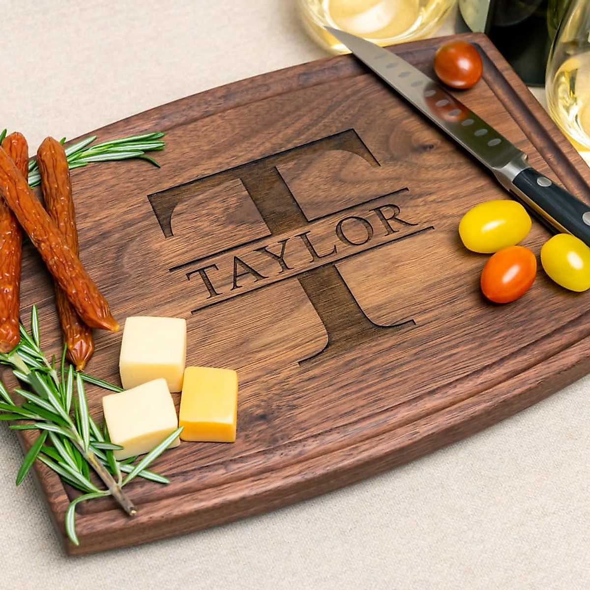 Walnut Artisan Personalized Cutting Boards, Custom Anniversary or Housewarming Gift Idea, Wood Engraved Charcuterie Board for Couples and Newlyweds, Initial Design 050