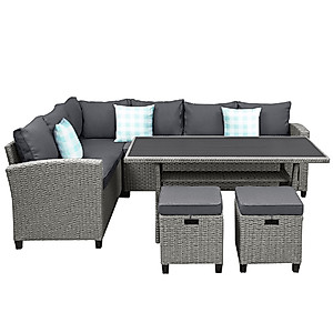 FANYE 5 Pieces All Weather Outdoor Patio Furniture Conversation Sets PE Wicker Rattan Sectional Couch Include 1 Table, 2 Sofas, 2 Ottomans and 3 Pillows Corner, Dark Gray