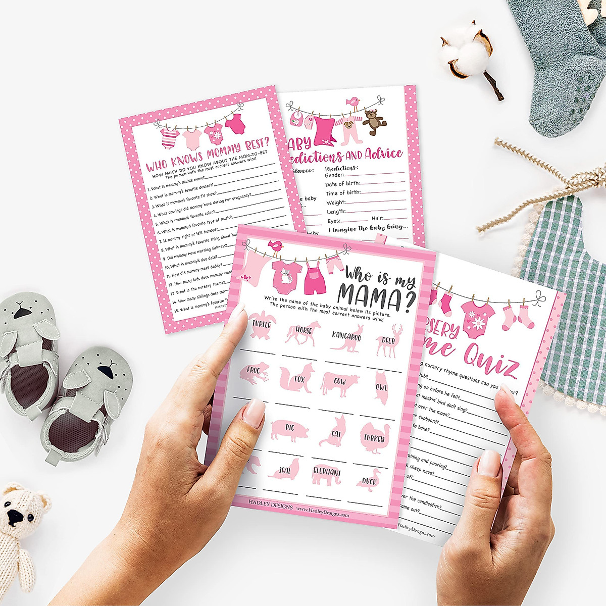 25 Pink Animal Matching, 25 Nursery Rhyme Game, 25 Who Knows Mommy Best, 25 Baby Prediction And Advice Cards - 4 Double Sided Cards, Baby Shower Party Supplies