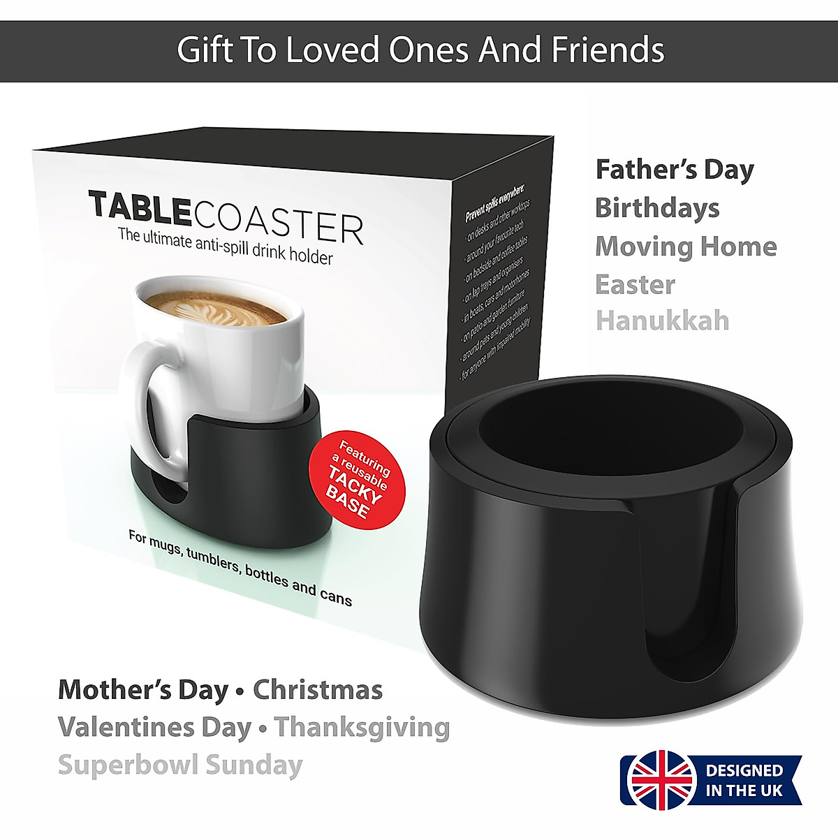 HIT PRODUCTS TableCoaster - Original Anti-Spill Table and Desk Cup Holder, Jet Black - RV and Boat Drink Holder, A Tip-Proof Coaster with Tacky Base and Walled Profile to Prevent Spilled Drinks