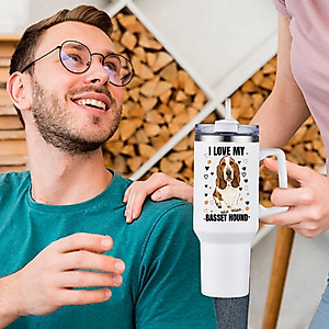 Basset Hound Dog Mom 40 oz Insulated Tumbler with Handle and Straw - Coffee Mug for Women, Dog Lover Gifts