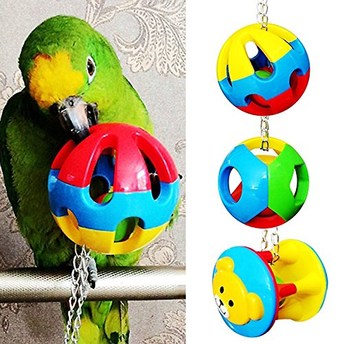 Hypeety Parrot Colorful Ball Toys with Bell Cage Hanging Chewing String for Parakeet Conure Cockatiel Small Medium Birds (A+B+C)