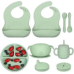 LOKEISNA Silicone Baby Feeding Set 6+ Months, Baby Led Weaning Feeding Supplies, Strong Suction Bowl & Suction Plate, Adjustable Bibs, 4-in-1 Cup, Silicone Spoon & Fork, Food-grade Silicone (Green)