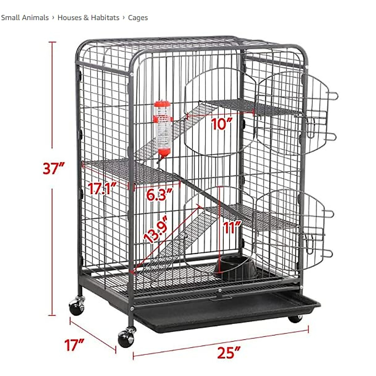 SUPER DEAL 37.2 Inches Metal Ferret Cage Chinchilla 4 Tiers Small Animal Cage with 3 Ladders/ 2 Front Doors/Food Bowl/Water Bottle/Slide Out Trays/Swivel Casters,Black
