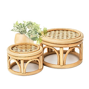 Set of 2 Small Boho Rattan Wicker Round Riser Plant Stand Indoor,Rustic Farmhouse Natural Wooden Circle Pedestal for Decor & Display, Tabletop, Office Decor