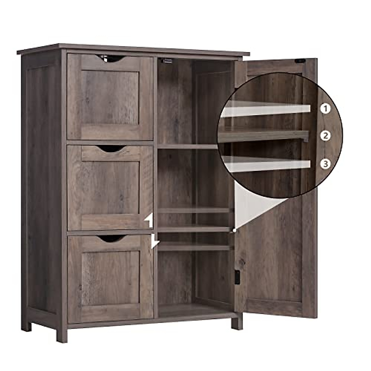 Iwell Floor Storage Cabinet with 1 Door & 3 Large Drawers, Wooden Storage Cabinet with Adjustable Shelf for Living Room, Office, Kitchen, Rustic Oak