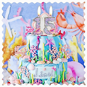 iNINGER Girls Glitter 7th Birthday Number Candle,Glitter Mermaid Number 7 Candle with Pink Shell Sequins,Pink Purple Pearls Cake Candles for Girls Mermaid Themed Birthday Decorations Party Supplies