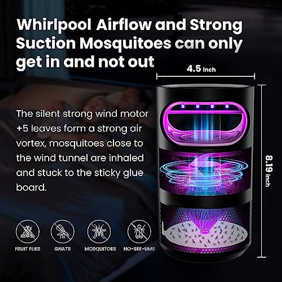 COKIT Indoor Insect Trap, Catch Insect with Suction, Bug Light and Sticky Glue, Catcher & Killer for Mosquito, Gnat, Moth, Fruit Flies, Non-Zapper Traps for Home with Adapter, Glossy Black