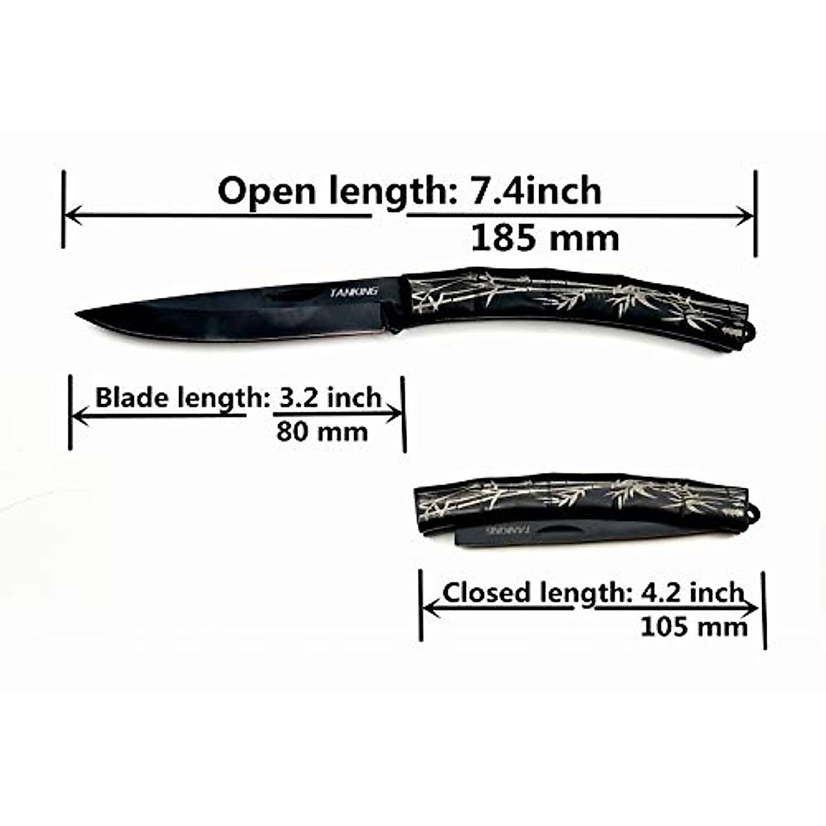 TANKING Bamboo Style Folding Pocket Knife with Non-Slip Pattern Handle, Durable Stainless Steel Blade, Hunting Camping Outdoor Tool Tactical Knife (Bent handle-Black)
