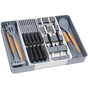 Kitchen Drawer Organizer, Silverware Organizer w/ Knife Block, Expandable Utensil Organizer and Cutlery Tray for Drawers, Large Silverware Tray for Kitchen Utensils Flatware Knives Storage & Organize