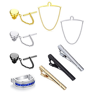 Tornito 9Pcs Tie Clips Tie Ring for Men Square CZ Tie Tacks Clutch with Chain Necktie Silver Black Gold Tie Clips Link Chain for Wedding Meeting Business Anniversary Tie Pin Clips