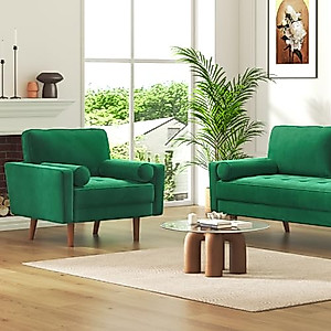Vesgantti Green Velvet Accent Chair, Mid Century Modern Living Room Chairs, Button Tufted Arm Chairs with 2 Pillows, Comfy Sofa Chairs for Bedroom, Office