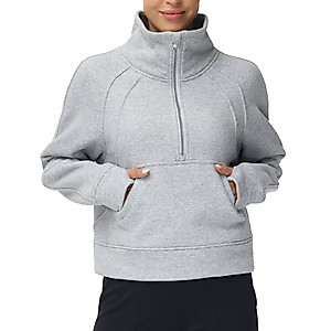 THE GYM PEOPLE Women's Half Zip Pullover Sweatshirt Fleece Stand Collar Crop Sweatshirt with Pockets Thumb Hole Grey