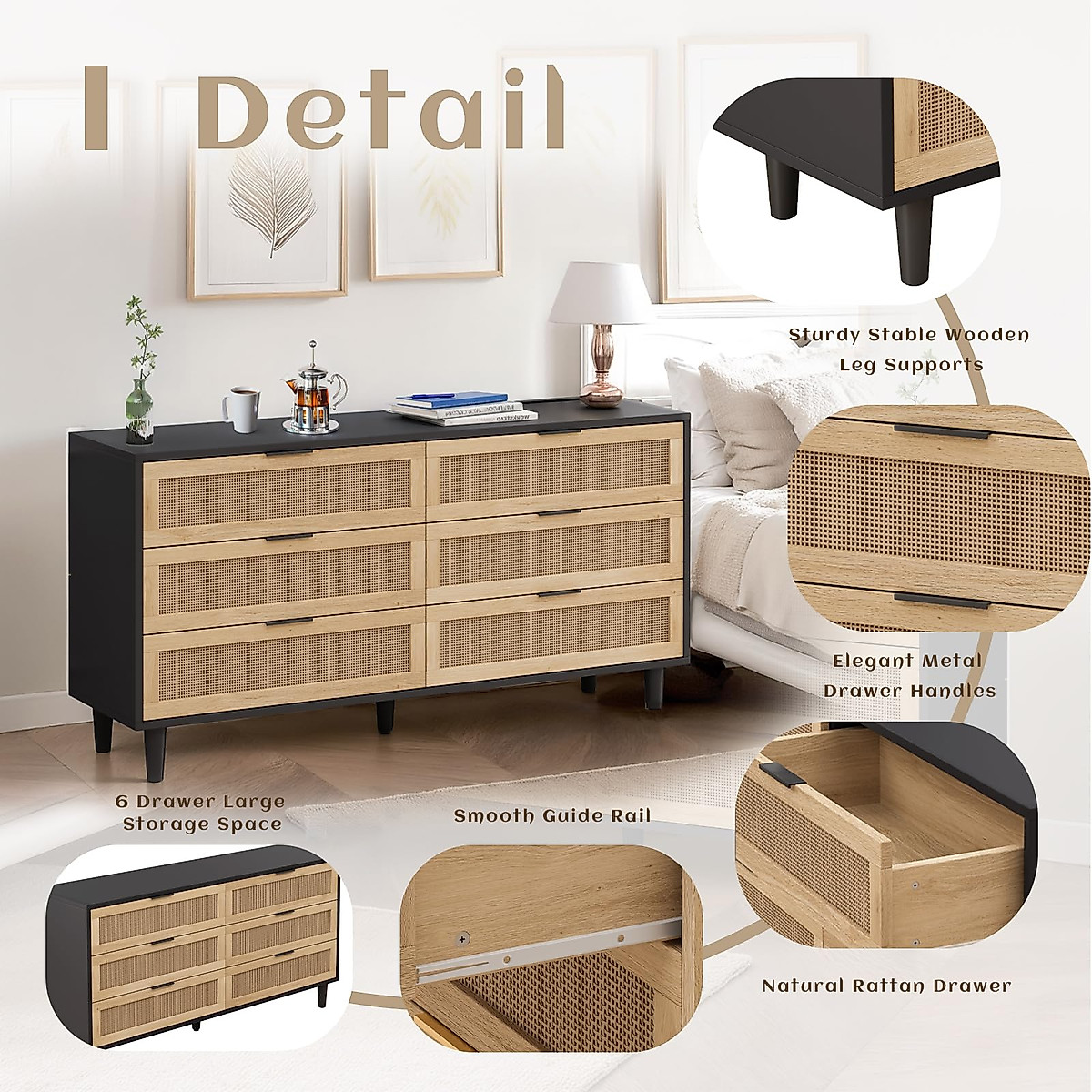 NTYUNRR Black Rattan Dresser, 6 Drawer Double Dresser for Bedroom, 51.18" Rattan Dresser for Closet, Rattan Storage Cabinet Rattan Drawer with Metal Handles, for Living Room, Black M