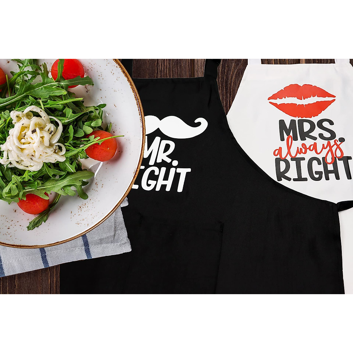 POTALKFREE Cooking Apron for Men Women with Pockets, Mr. Right Mrs. Always Right Aprons Set, Couples Gift for Engagements, Weddings, Anniversaries, Bride, Groom, Husband and Wife