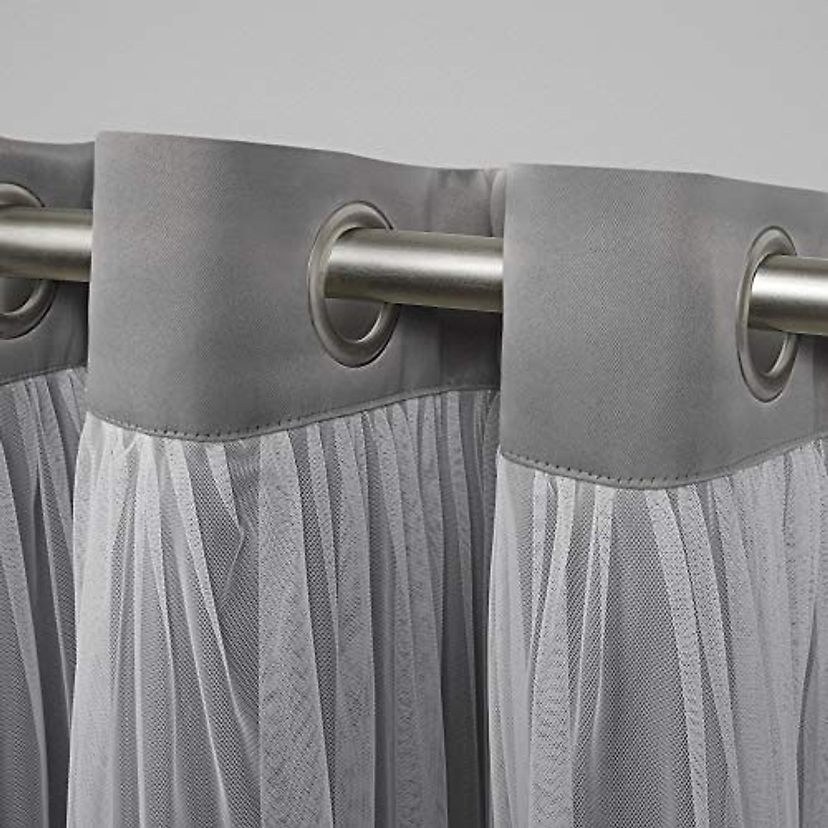 Exclusive Home Catarina Layered Solid Room Darkening Blackout and Sheer Grommet Top Curtain Panel Pair, 52"x84", Soft Grey