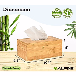 Alpine Industries Wooden Bamboo Rectangular Tissue Box Cover - Eco Friendly Pull Holder/Dispenser - Decorative Organizer for Bathroom, Office Desk & Car (Bamboo)
