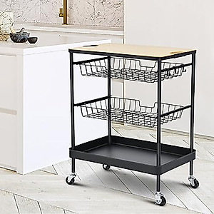VLOBAOM Home Bar Serving Cart, Rolling Kitchen Island with Removable Wooden Tabletop & Storage Baskets, Mobile Kitchen Serving Trolley,24''Dx16''Wx30''H,Black