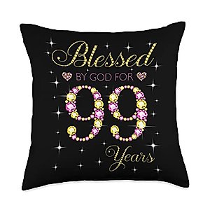 Blessed by God 99th Birthday Gift for Ladies Blessed by God for 99 Years Old 99th Birthday Gift for Women Throw Pillow, 18x18, Multicolor