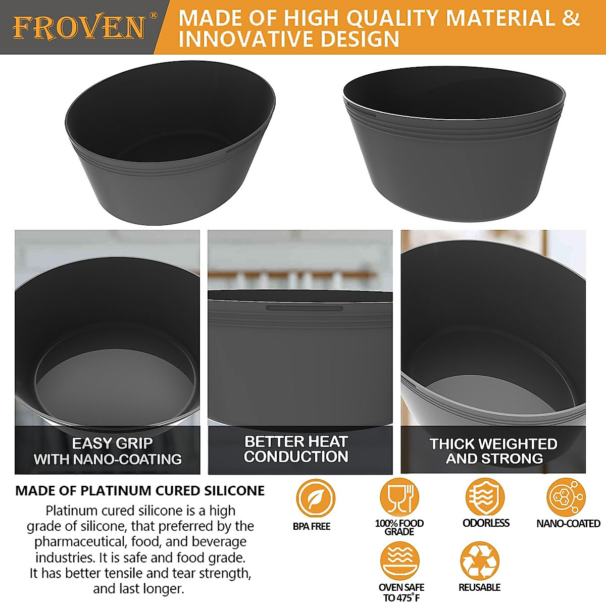 FROVEN 6 Quart Silicone Crockpot Liners. Thickened, Weighted and Sturdy Reusable Slow Cooker Liners Oval Compatible with most 6 QT Crock Pot Liners Slow Cooker Accessories. Leakproof, Dishwasher Safe