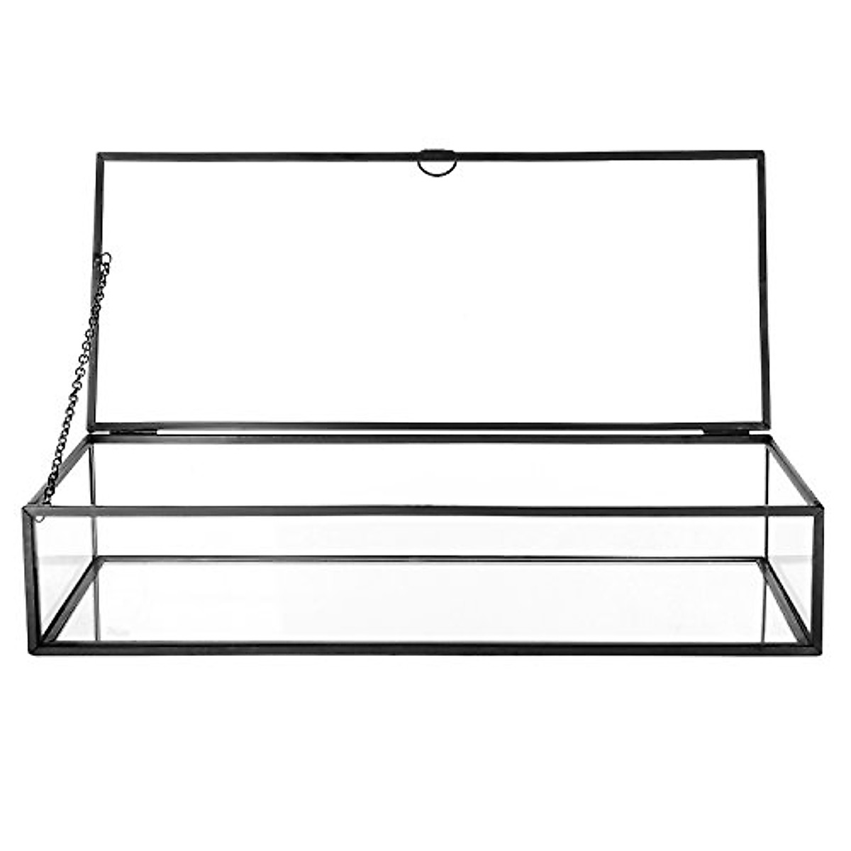 MyGift Glass Jewelry Box, Vintage Style Black Metal & Clear Glass Mirrored Shadow Box Jewelry Display Case with Hinged Top Lid