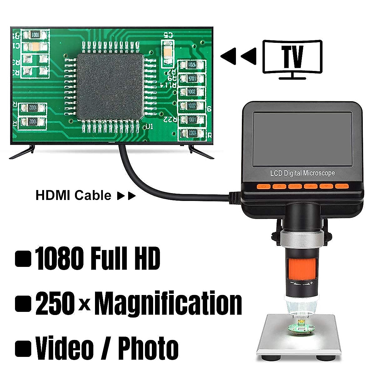 LCD Digital Microscope with Polarizer, HD Output 12MP Digital 1200x Magnification for SMD Soldering Work Jewelers Coins Collection