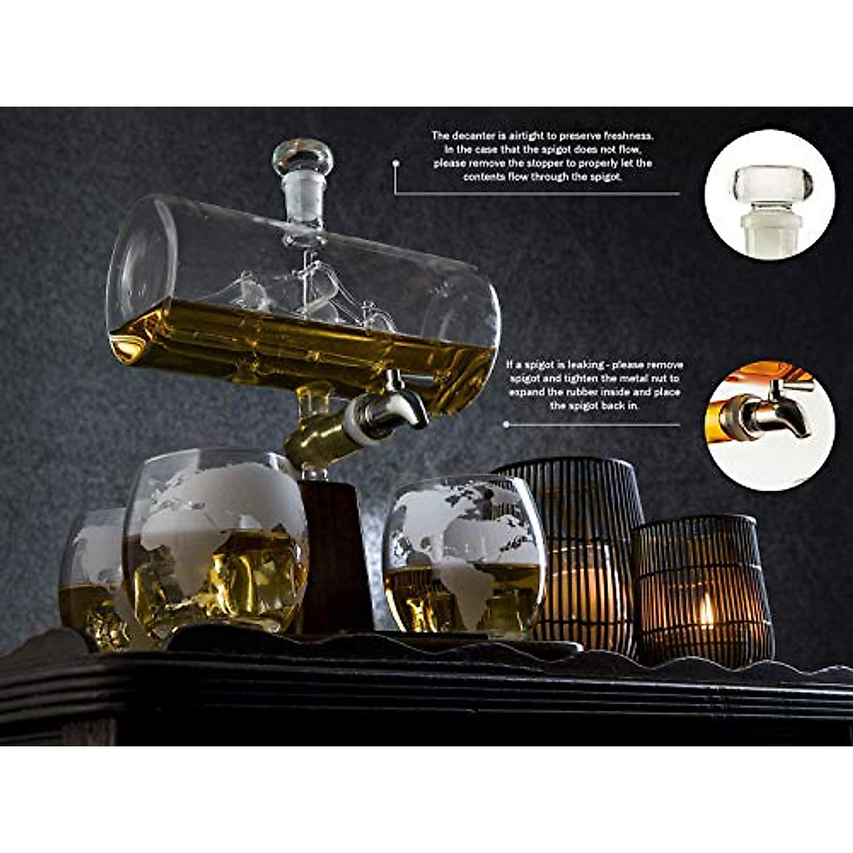 Whiskey & Wine Decanter Gifts for Men & Dad, Ship Decanter 1000ml, Set with 4 Globe Drinking Glasses - Cool Liquor Dispenser for Home Bar Unique Birthday Gift Ideas from Wife, Daughter, Son Present