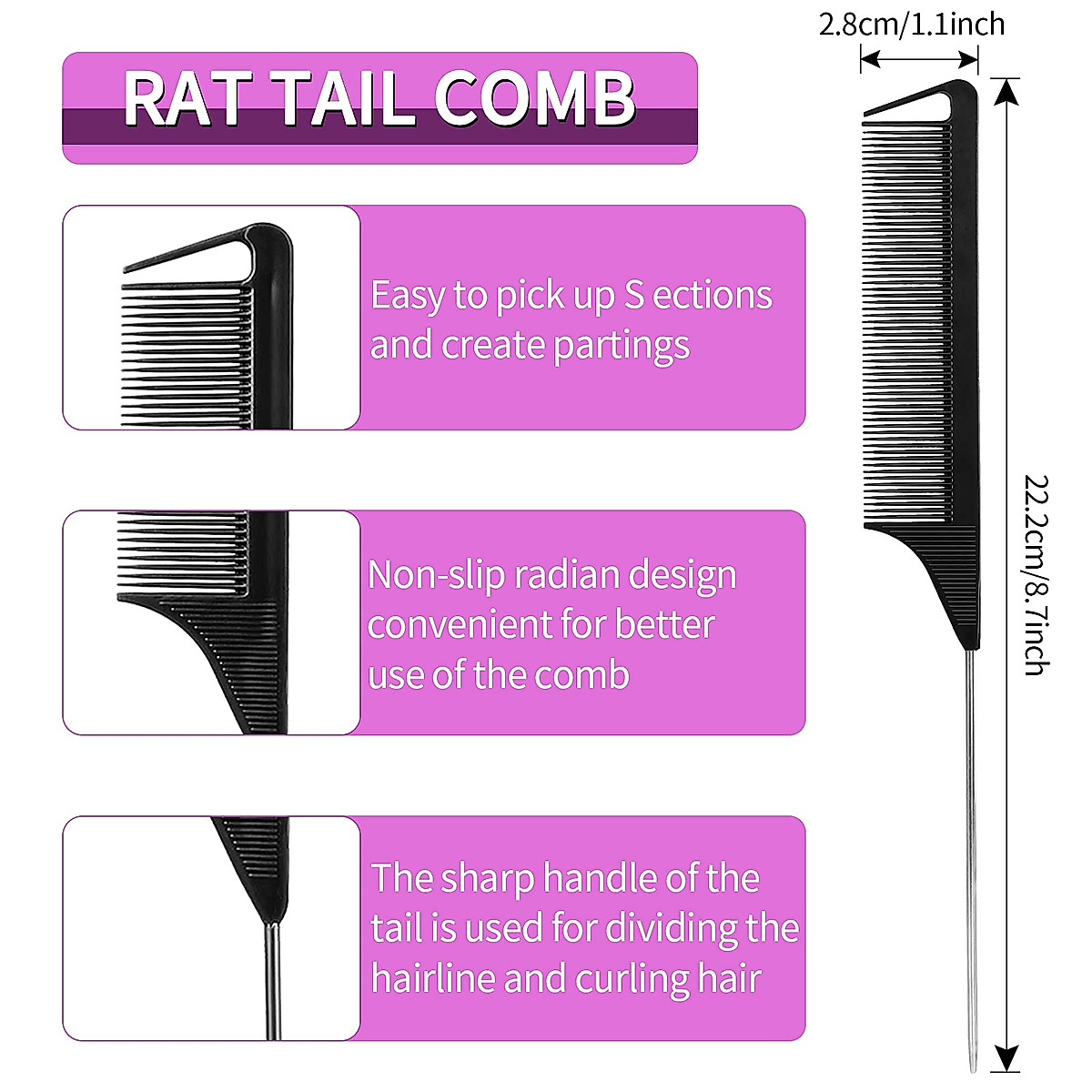 Rat Tail Combs Hair Combs :3Pack Parting Comb,Fine Tooth Comb,Tail Comb,Metal Long Steel Pin Rat Tail Comb,Combs for Women，Professional Hair Salon Quality Styling Combs(Black|Purple|Pink）