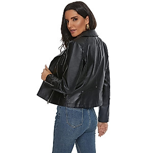 Fahsyee Women Black Leather Jackets, Faux Motorcycle Bomber Jacket Moto Bike Plus Size Coat Short Lightweight Vegan Pleather Fashion L